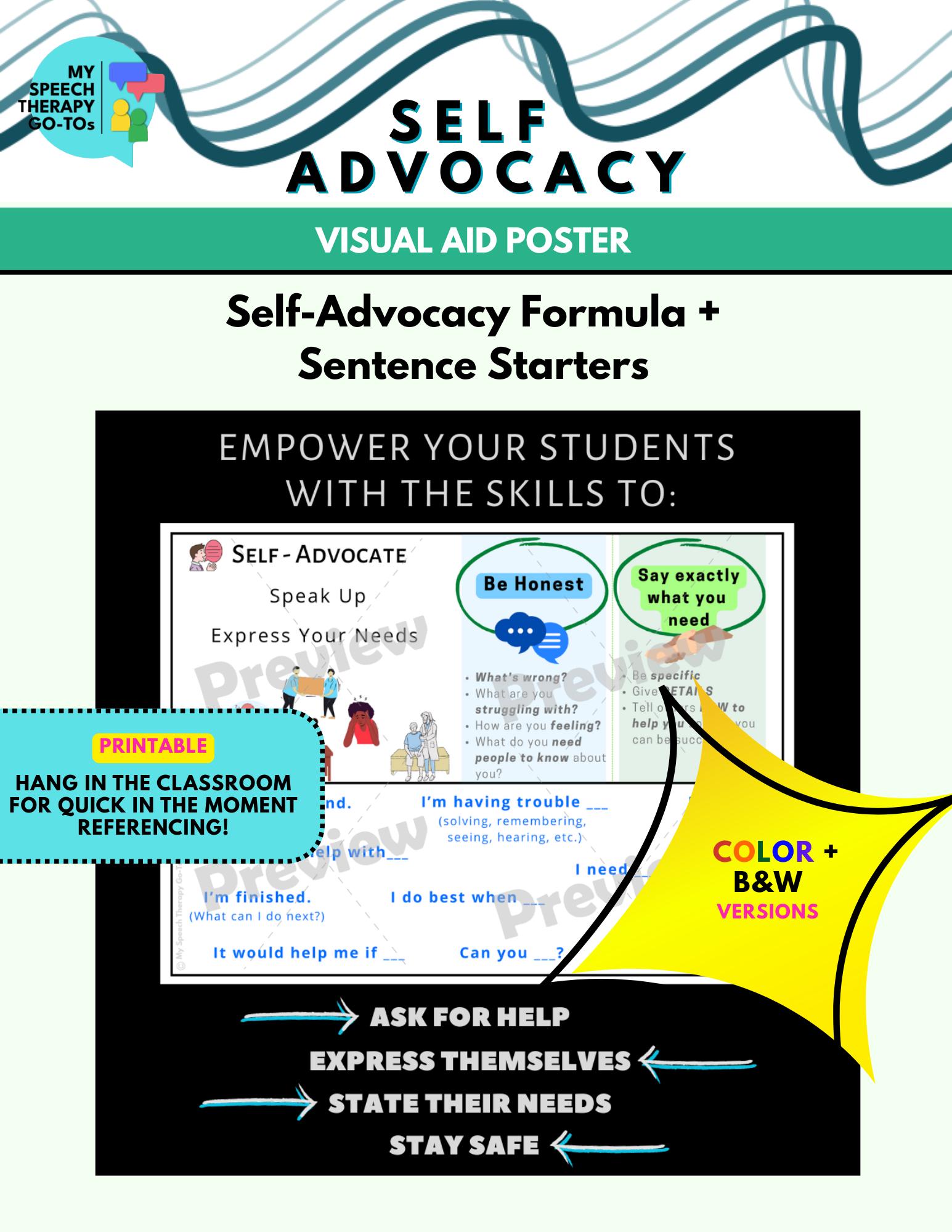 Self-advocacy VISUAL SUPPORT Asking for Help Sentence Starter Prompts ...