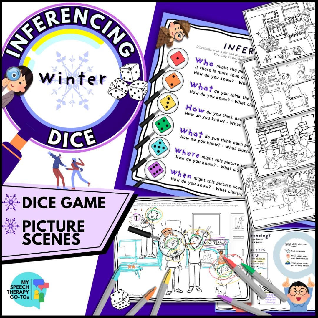 Winter Inferencing Picture Scenes Dice Game: WH Questions, SEL Activity ...