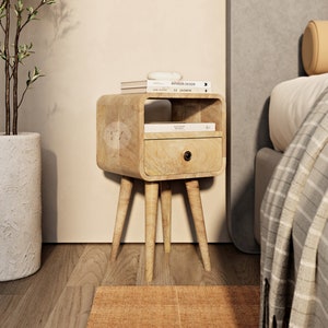 Small Curved Bedside Table With Open Shelf • Minimalist Bedside Table ...