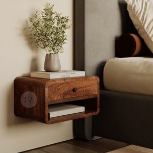 Farmhouse Floating Bedside Shelf With Drawer • Floating Wooden Shelf for Bedroom • Wall Mounted ...