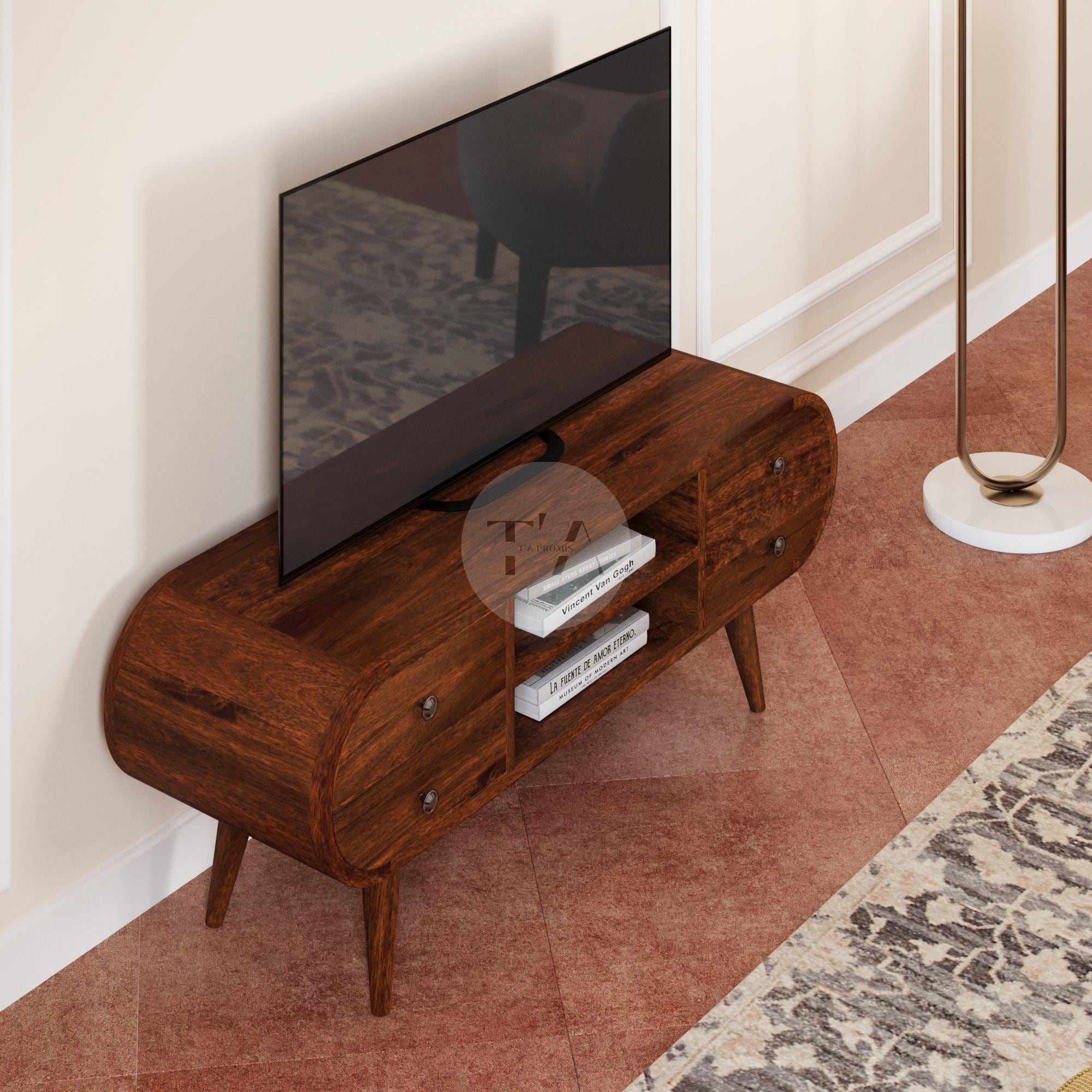 Tv Bench Wood • Curved Tv Unit Alcove • Slim Tv Stand Media Console for ...
