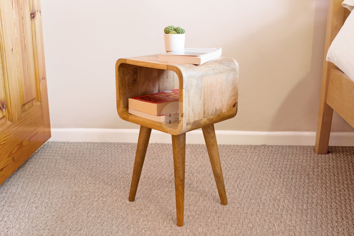 Small & Slim Scandi Bedside Table • Bedside Cabinet Open • Curved ...
