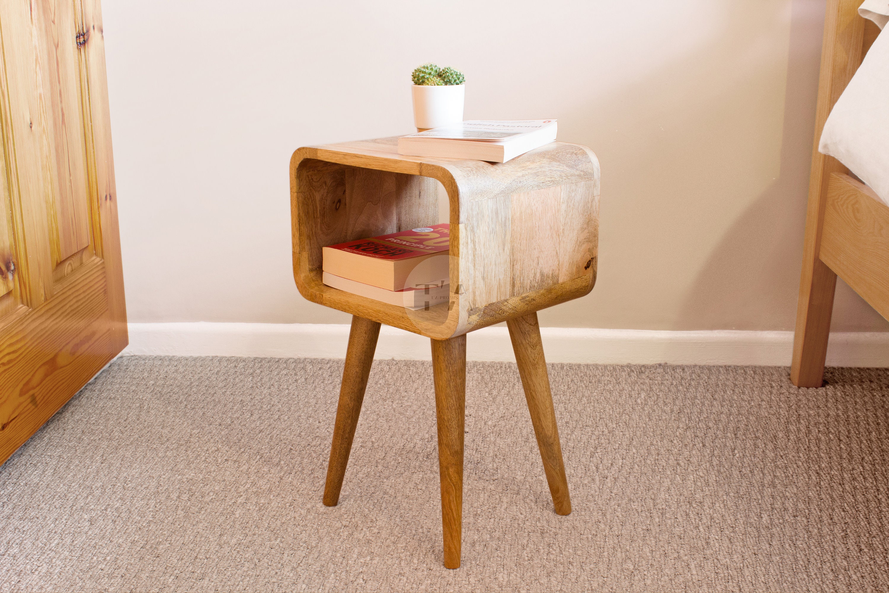 Small & Slim Scandi Bedside Table • Bedside Cabinet Open • Curved ...