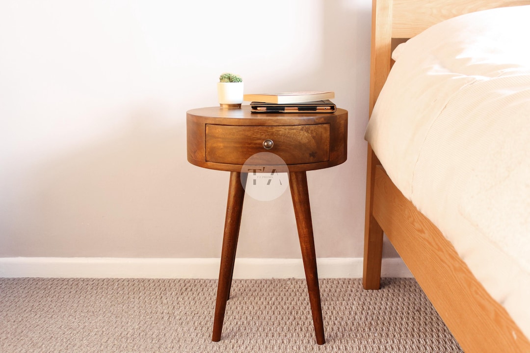 Small Round End Table for Couch • Tall Skinny End Table Dark Wood • Circular Wood End Table ...