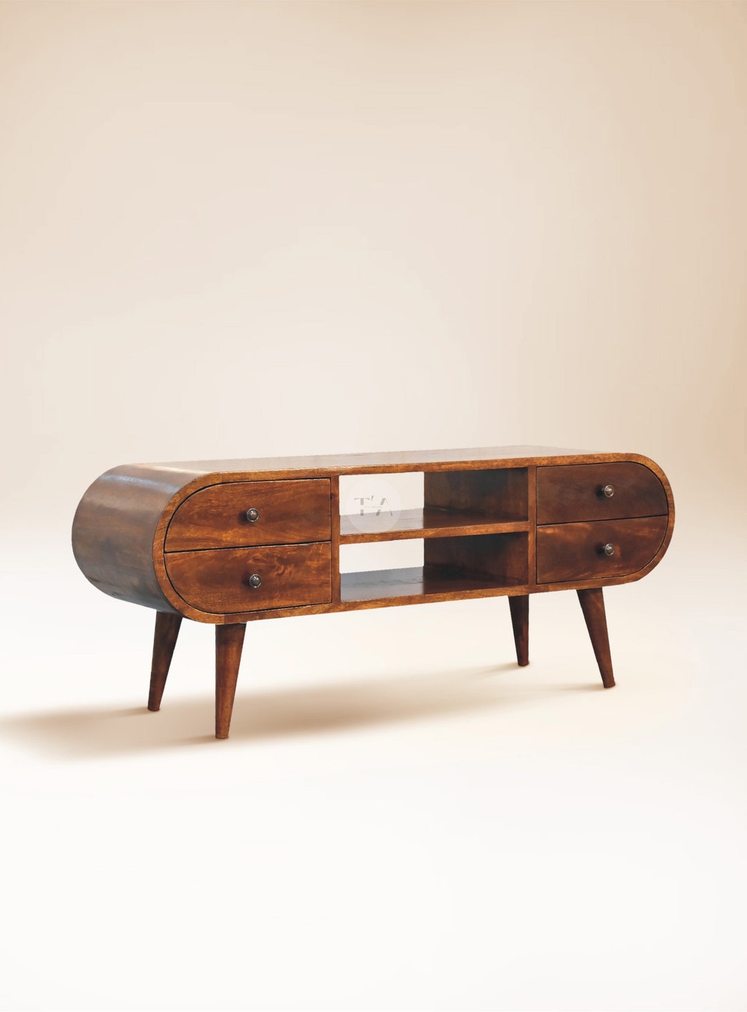 Tv Bench Wood Curved Tv Unit Alcove Slim Tv Stand Media Console for ...