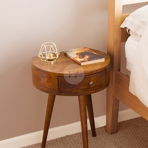 Round Bedside Table With Drawer • Small Round Side End Table Bedroom ...
