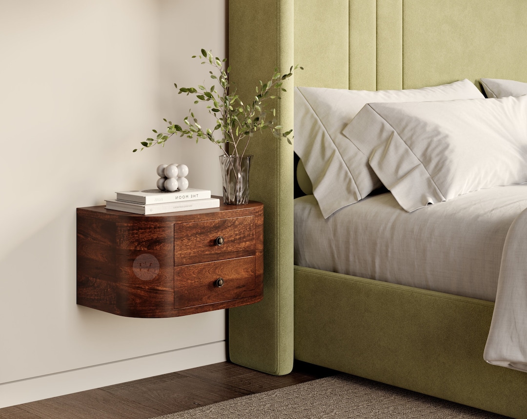 2 Drawer Floating Bedside Table Curved Edges Wall Mounted Nightstand ...
