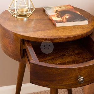 Round Bedside Table With Drawer • Small Round Side End Table Bedroom ...