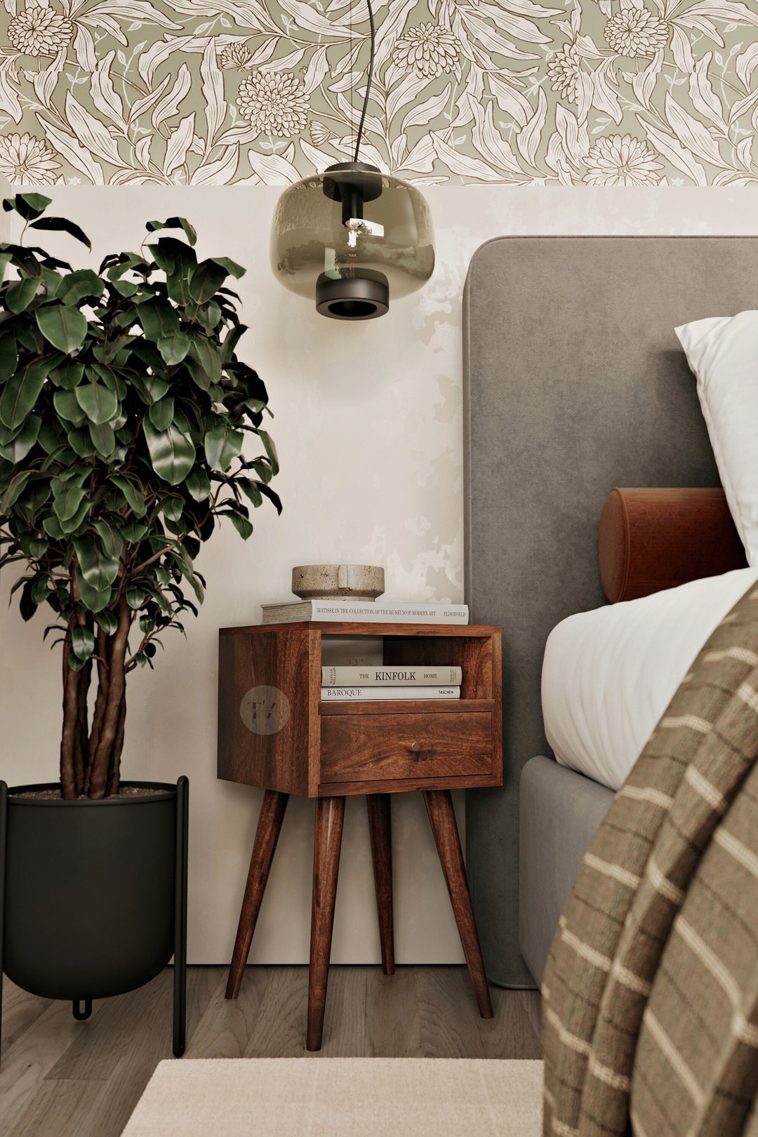 Small Bedside Table With Drawer • Slim Bedside Table Dark Wood • Narrow ...