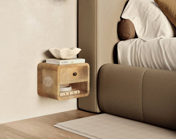 Small Curved Floating Bedside Table with Drawer Round Floating Nightstand with Shelf Rustic Mango Wood Floating Wall Shelf Small Room Etsy