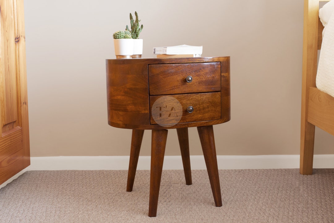 Round Bedside Table Mid Century With 2 Drawers • Oval Bedside Table ...