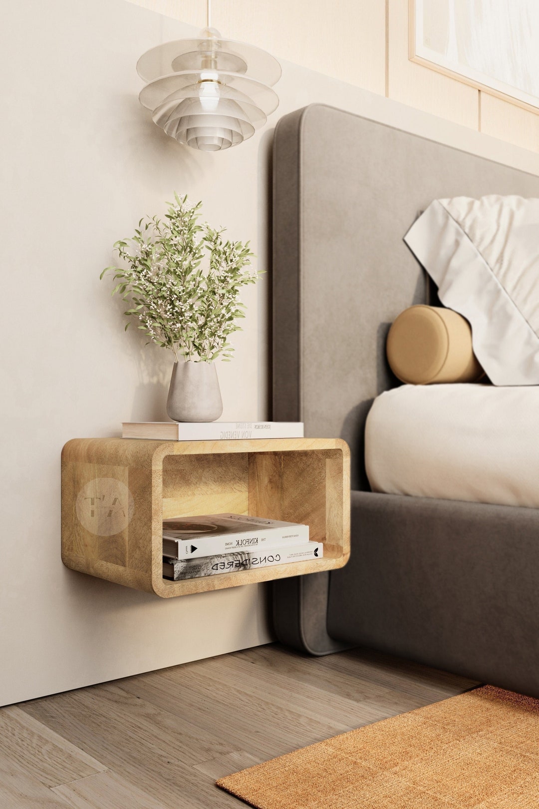 Light Wood Floating Nightstand • Bedside Wall Open Shelf Bedside Table ...