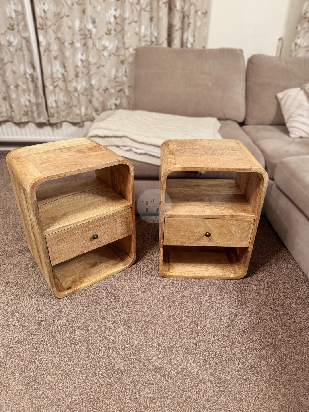 Pair of Bedside Tables With Shelves • Curved Nightstand Set of 2 • Pair ...