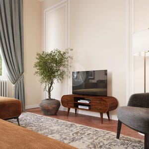 Tv Bench Wood • Curved Tv Unit Alcove • Slim Tv Stand Media Console for ...