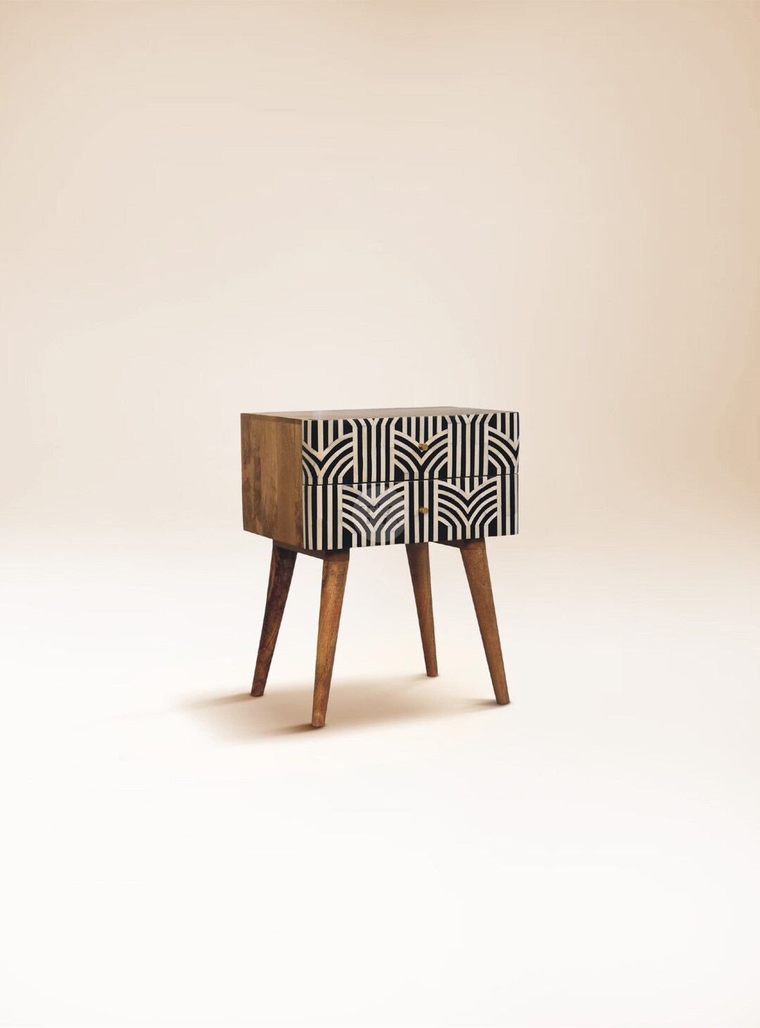 Patterned Bedside Table Bone Inlay Black Bedside Table 2 Drawers ...