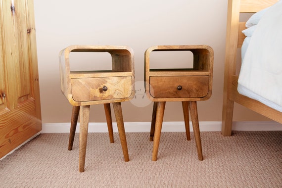 Pair of Small Bedside Tables With Drawers Pair Bedside Tables Handmade Minimalist Nightstand Set of 2 2 Side Tables With Open Shelf Etsy
