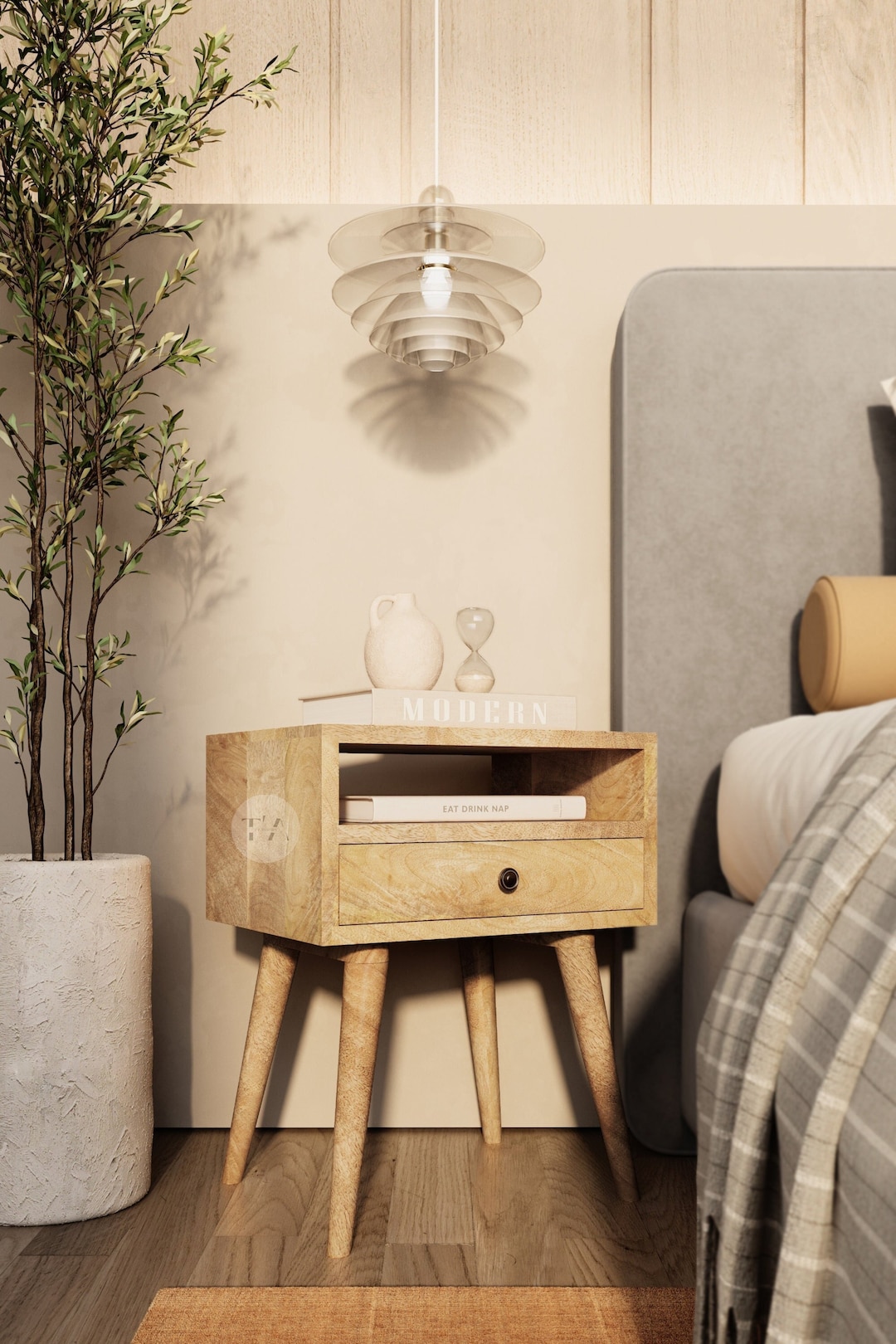 Nordic Bedside Table With Shelf • Scandi Bedside Table With Drawer ...