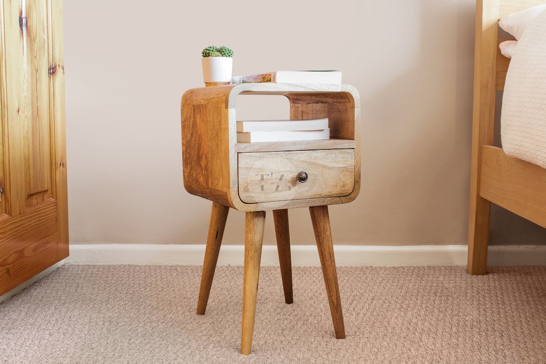 Small Curved Bedside Table With Open Shelf • Minimalist Bedside Table ...