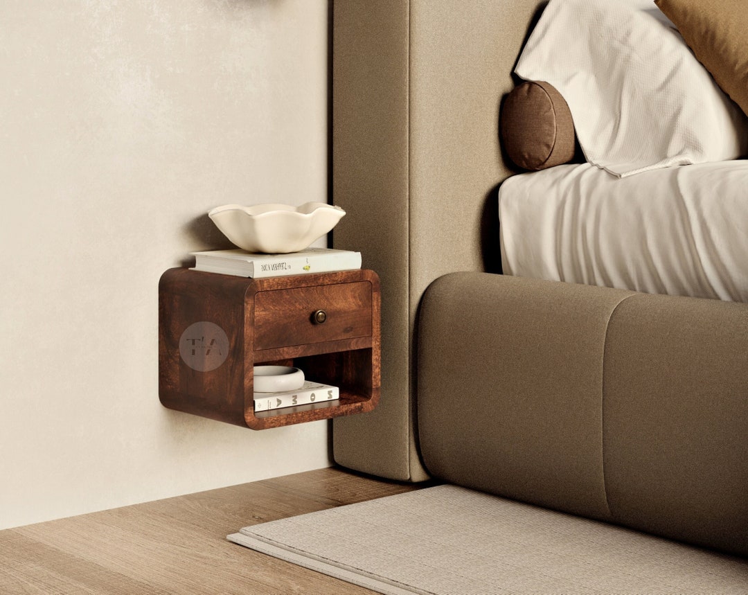 Slim Floating Bedside Table Shelf • Solid Wood Floating Nightstand Mid ...