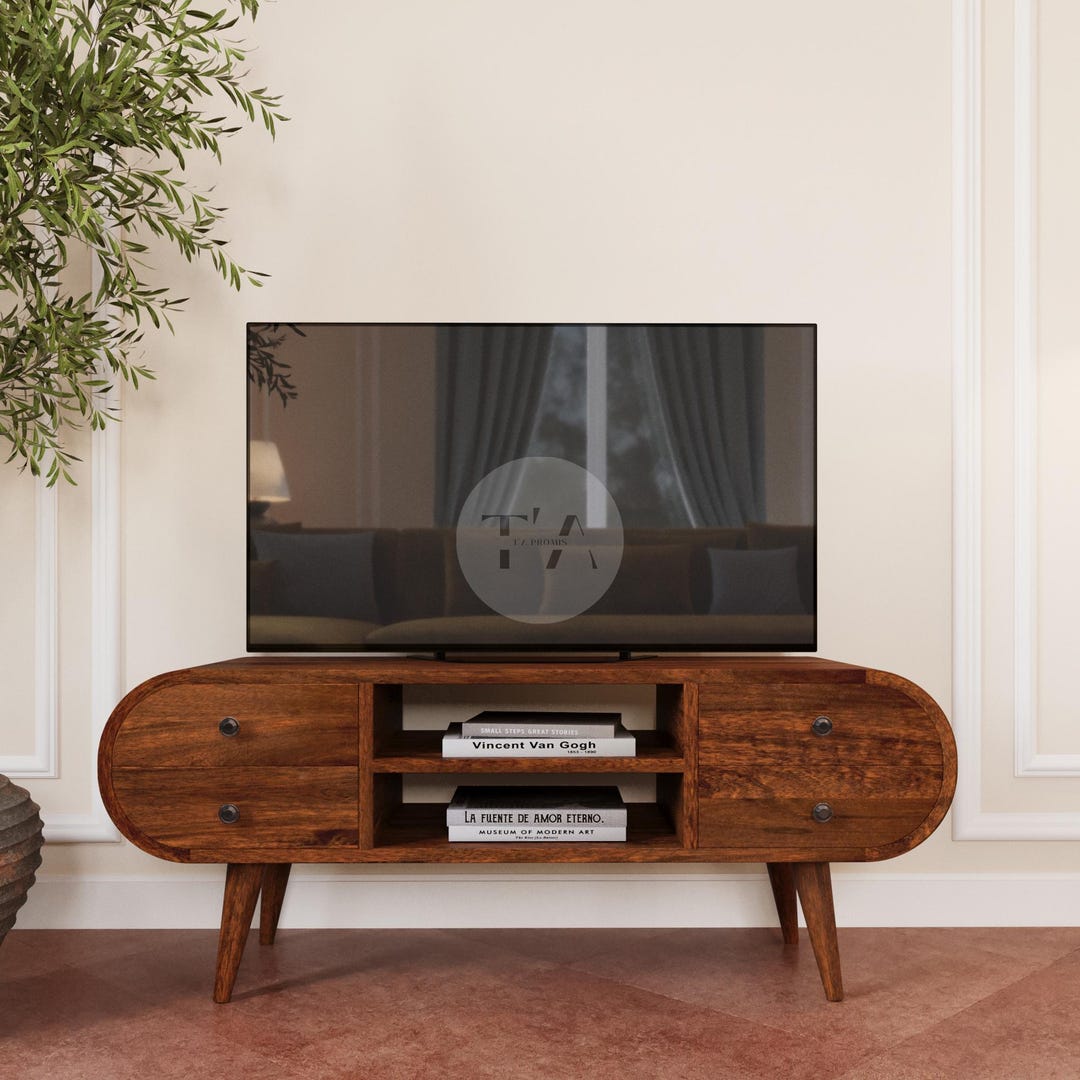 Tv Bench Wood • Curved Tv Unit Alcove • Slim Tv Stand Media Console for ...