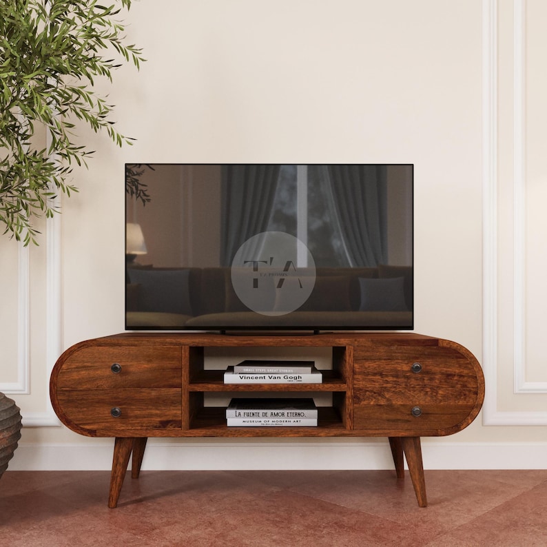 Tv Bench Wood • Curved Tv Unit Alcove • Slim Tv Stand Media Console for ...