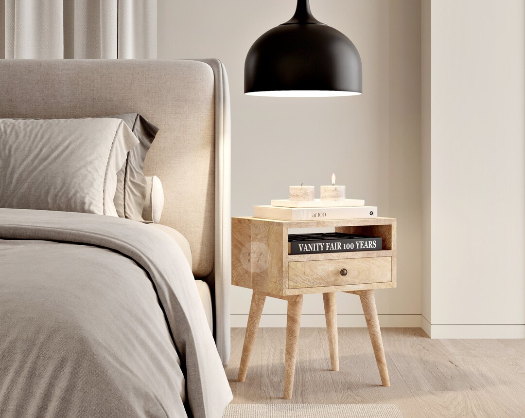 Nordic Bedside Table With Shelf Scandi Bedside Table With Drawer Wooden ...