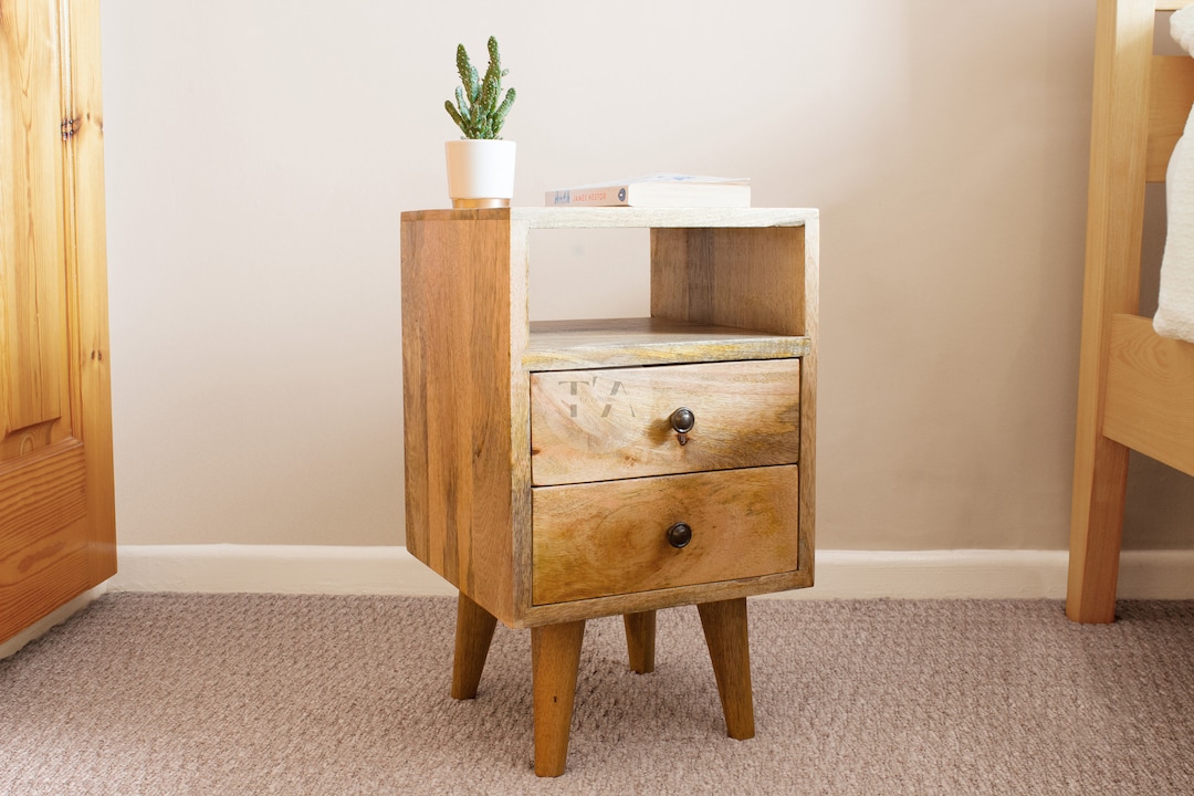 Narrow Wooden Bedside Table With 2 Drawers & Shelf • Small Mid Century ...
