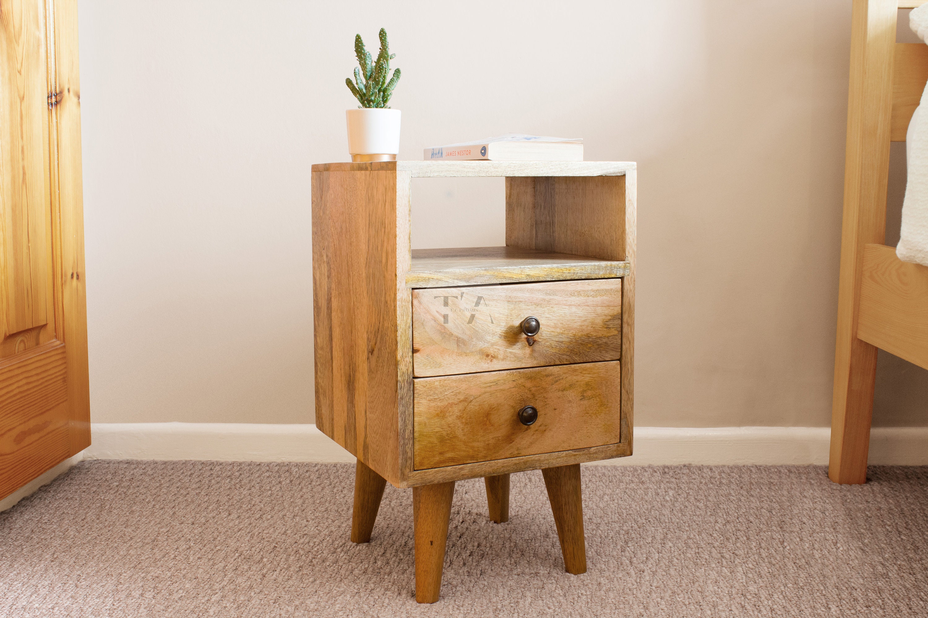 Narrow Wooden Bedside Table With 2 Drawers Shelf Small Mid Century Nightstand With Drawers Open Farmhouse Nightstand Cabinet Wood Etsy