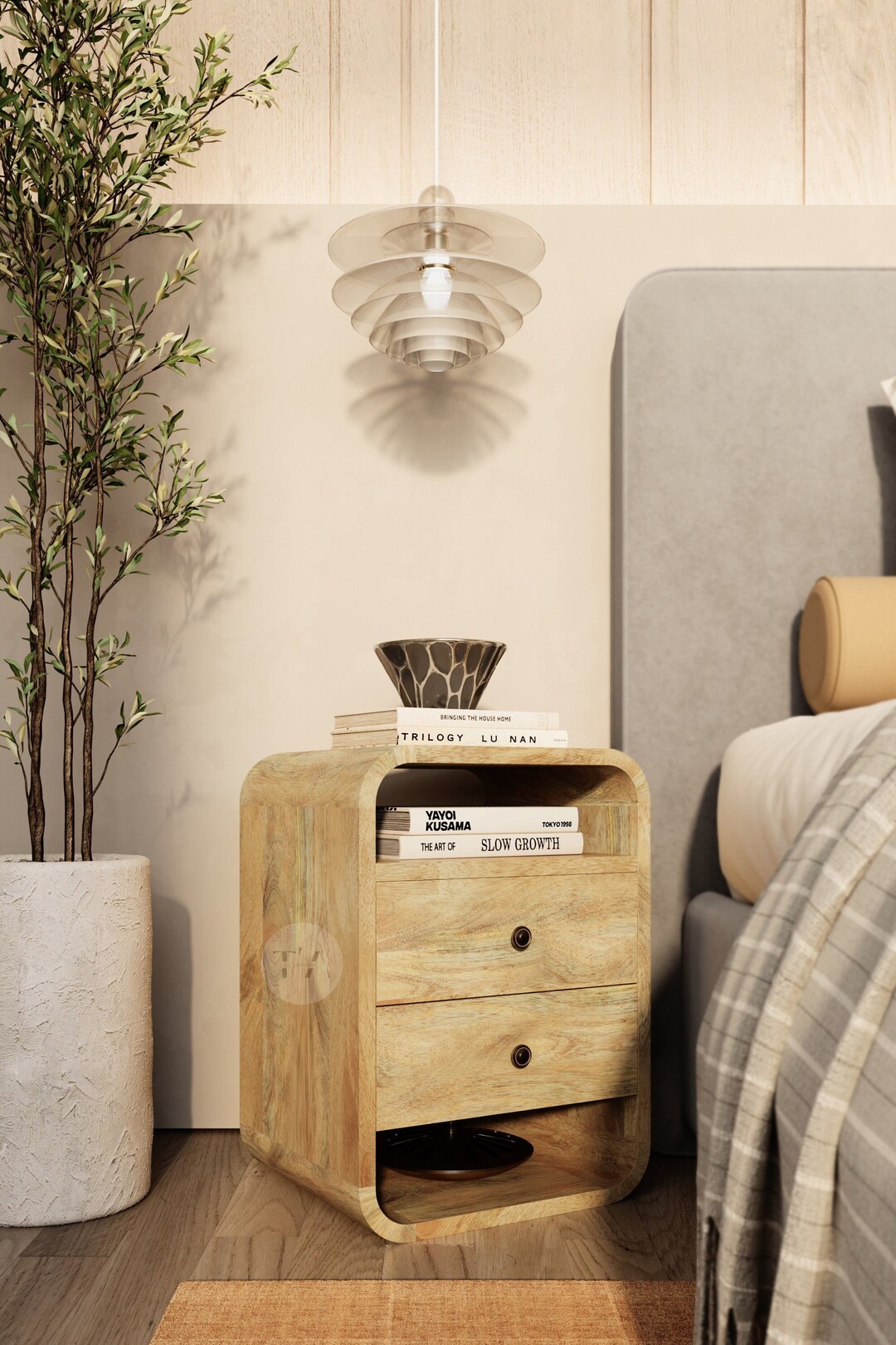 Solid Bedside Table No Legs • Modern Curved Nightstand With Drawers ...