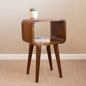 Open Shelf Nightstand Lower Than Bed • Low Bedside Table Rounded ...