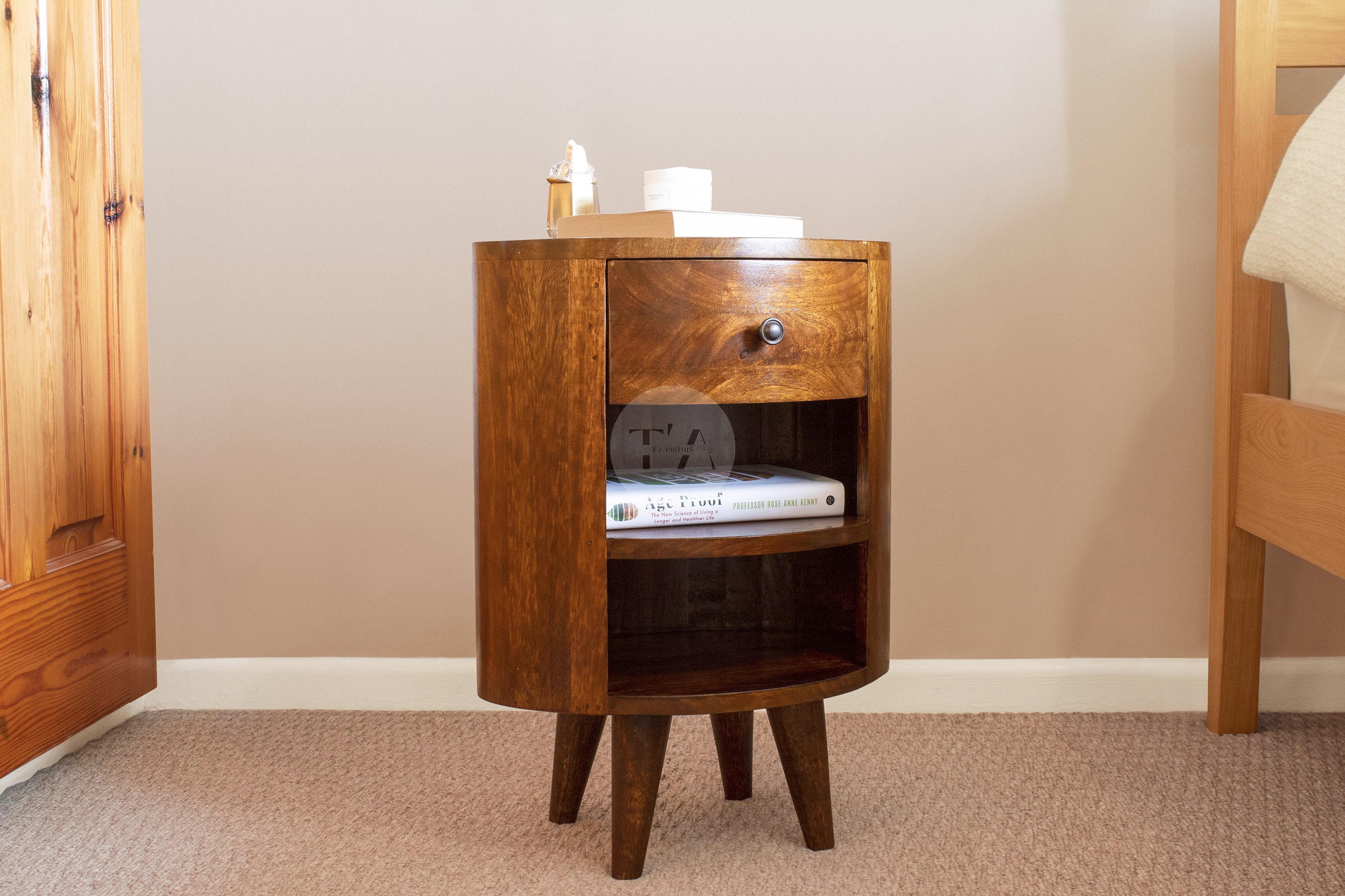 Oval bedside table with drawers store
