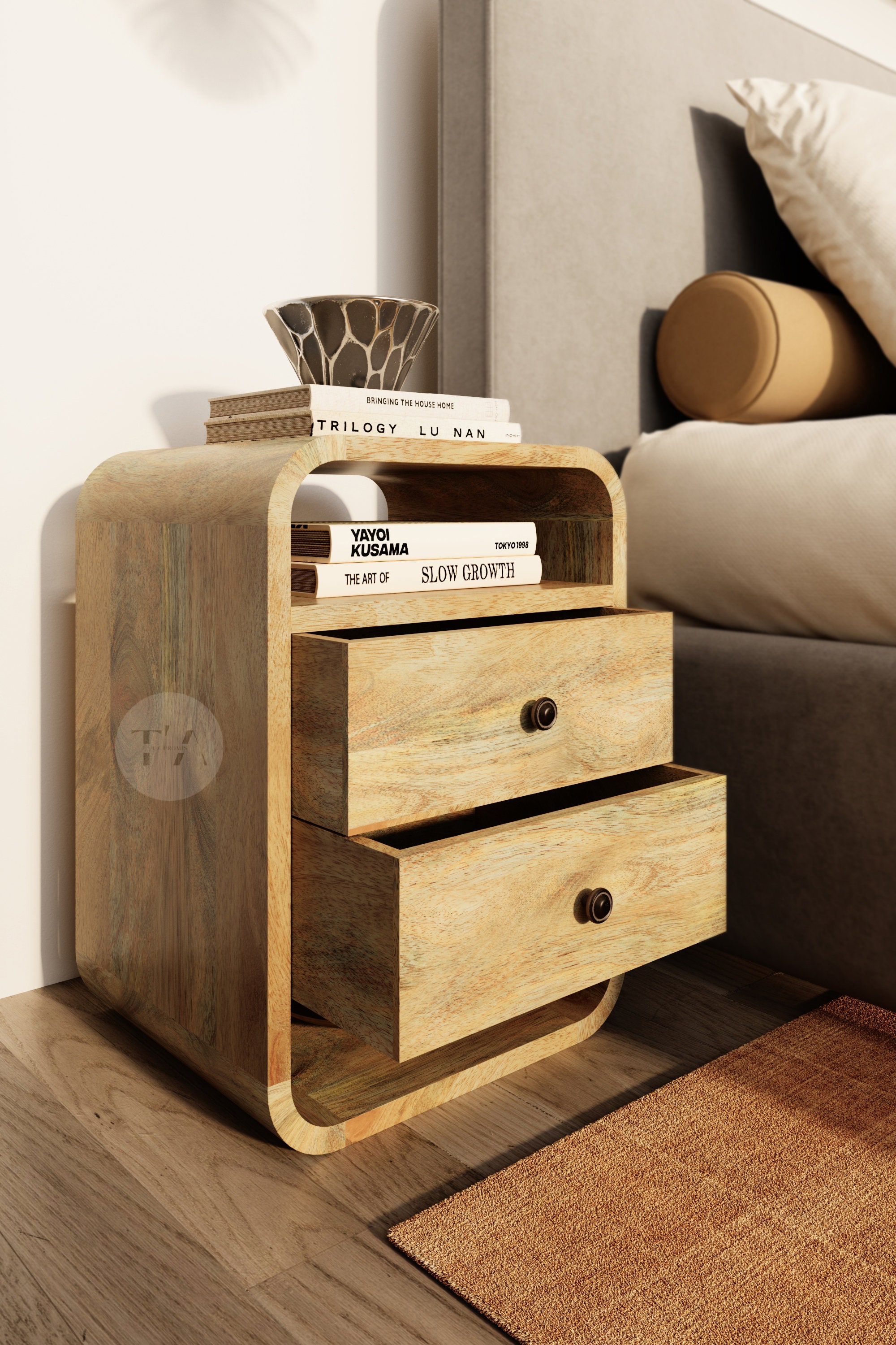 Solid Bedside Table No Legs • Modern Curved Nightstand With Drawers ...