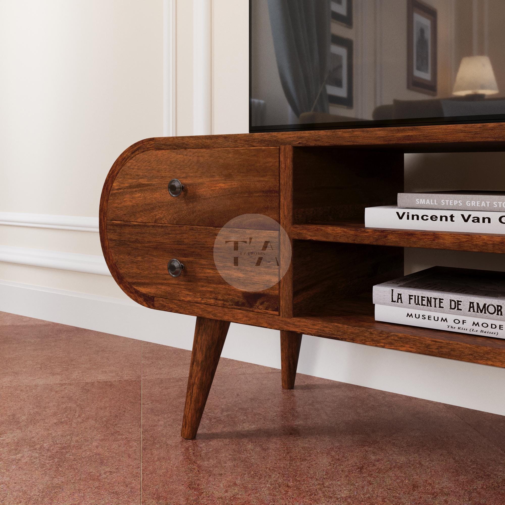 Tv Bench Wood • Curved Tv Unit Alcove • Slim Tv Stand Media Console for ...