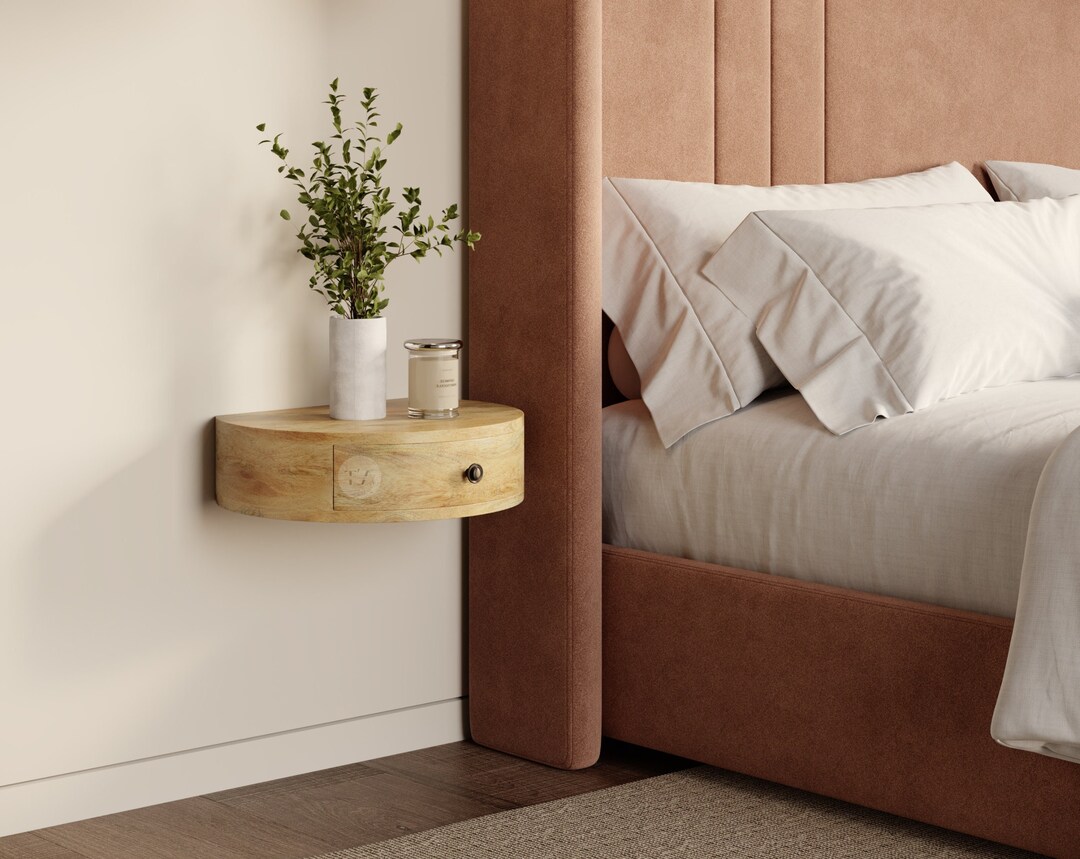 Half Moon Floating Bedside Shelf With Drawer • Crescent Bedside Table ...