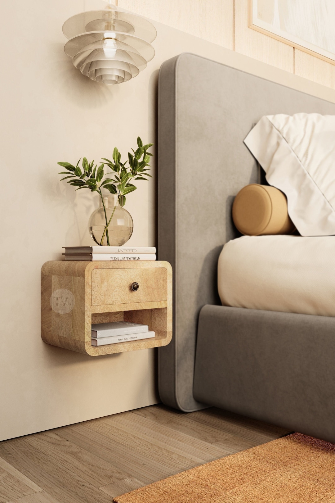 Small Curved Floating Bedside Table With Drawer • Round Floating Nightstand With Shelf • Rustic ...