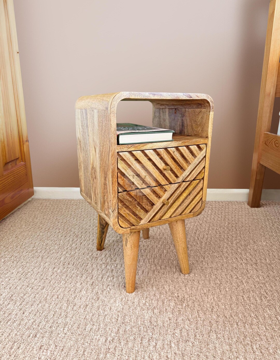 Small Bedside Table Rounded Corners • 2-drawer Natural Wood Nightstand ...