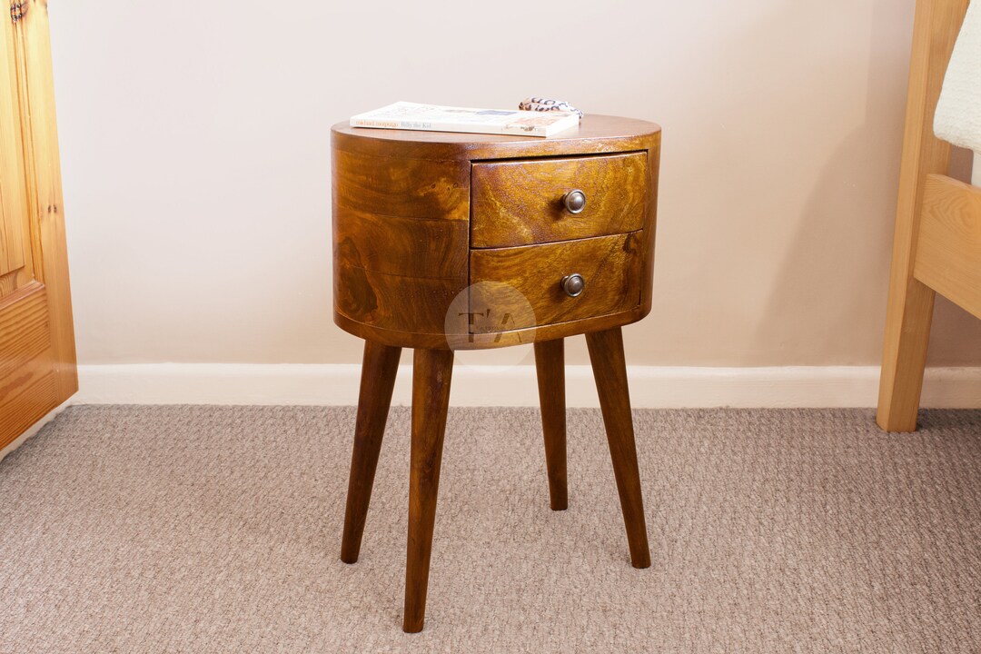 Mini Curved Bedside Table With 2 Drawers • Little Bedside Table Wood ...