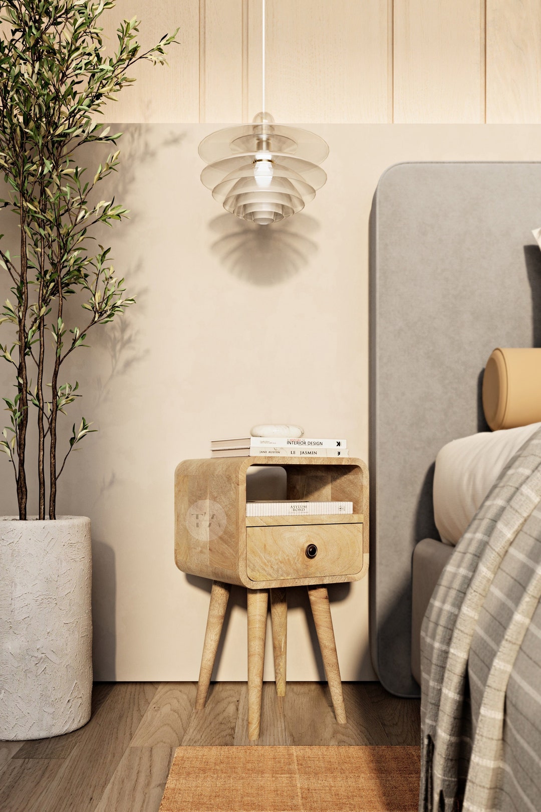 Small Curved Bedside Table With Open Shelf • Minimalist Bedside Table ...