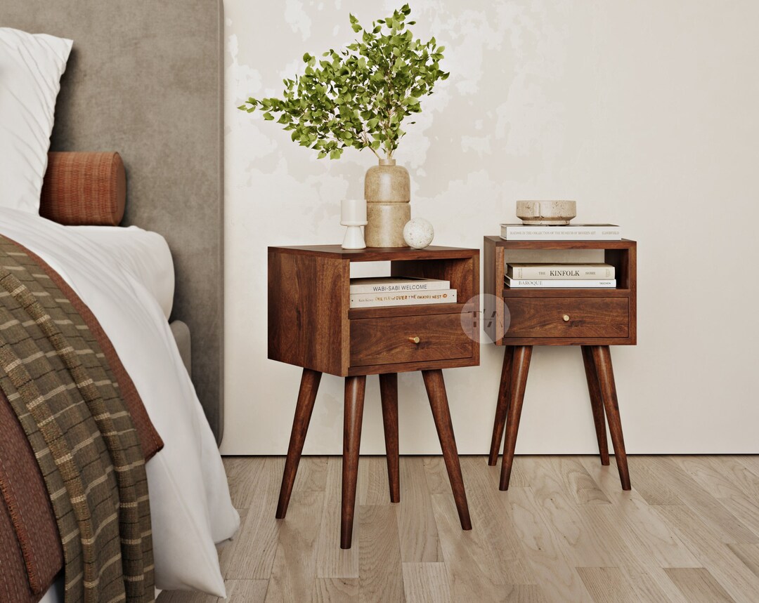 Two Bedside Cabinets Wooden Slim Dark Wood Bedside Table Set of 2 Small ...