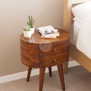 Round Bedside Table Mid Century With 2 Drawers • Oval Bedside Table ...
