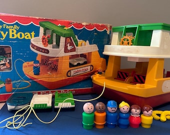 Vintage 1970s Fisher Price Play Family Ferry Boat W/ 4 Cars 6 People ...