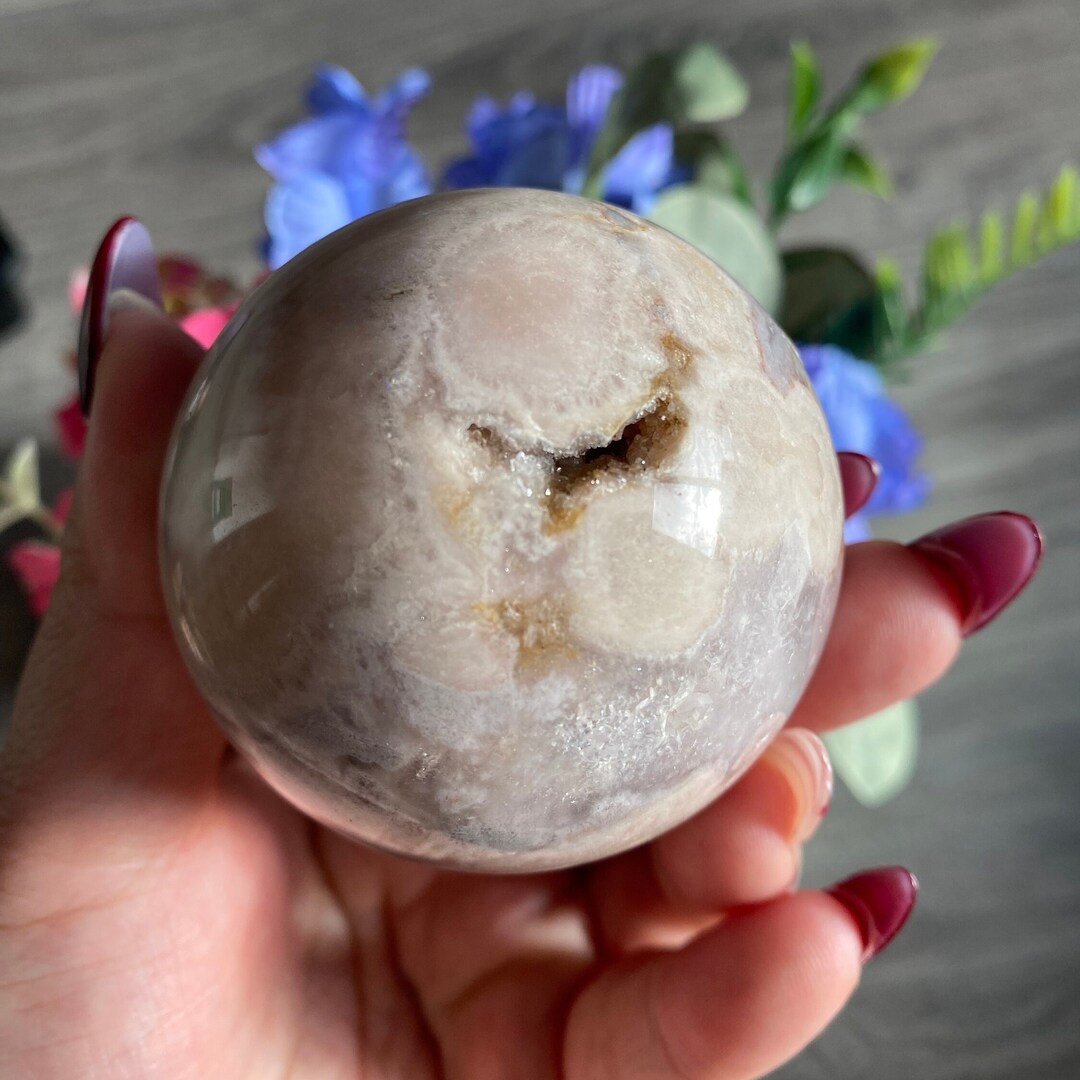 Pink Amethyst X Flower Agate Sphere, Druzy Pocket, Pink Amethyst ...