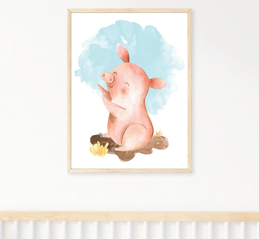 Pig With Teal Watercolor Nursery Printable, Barnyard Animal Nursery Art ...