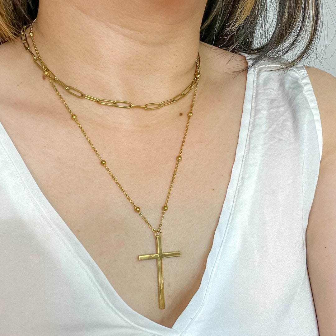 Big Cross Layered Necklace Gold Cross Necklace Double Strand Cross ...