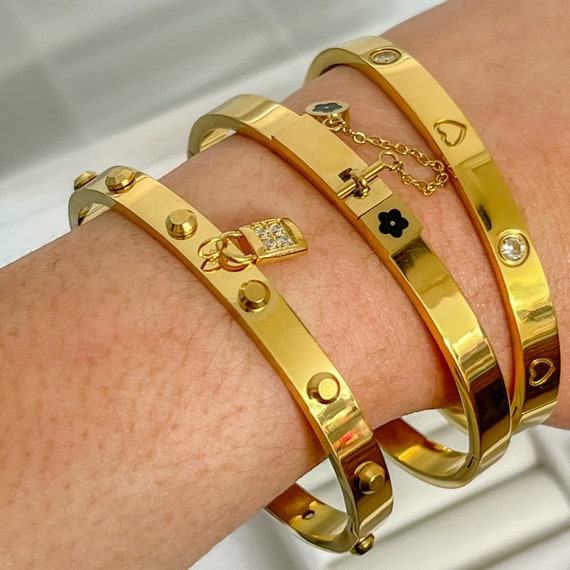 Stackable Bangles Gold Bangles With Charms for Girls Stackable Bangle Bracelet Padlock Bangle Flower Bangle Charm Bangles Gold Plated Bangle Etsy