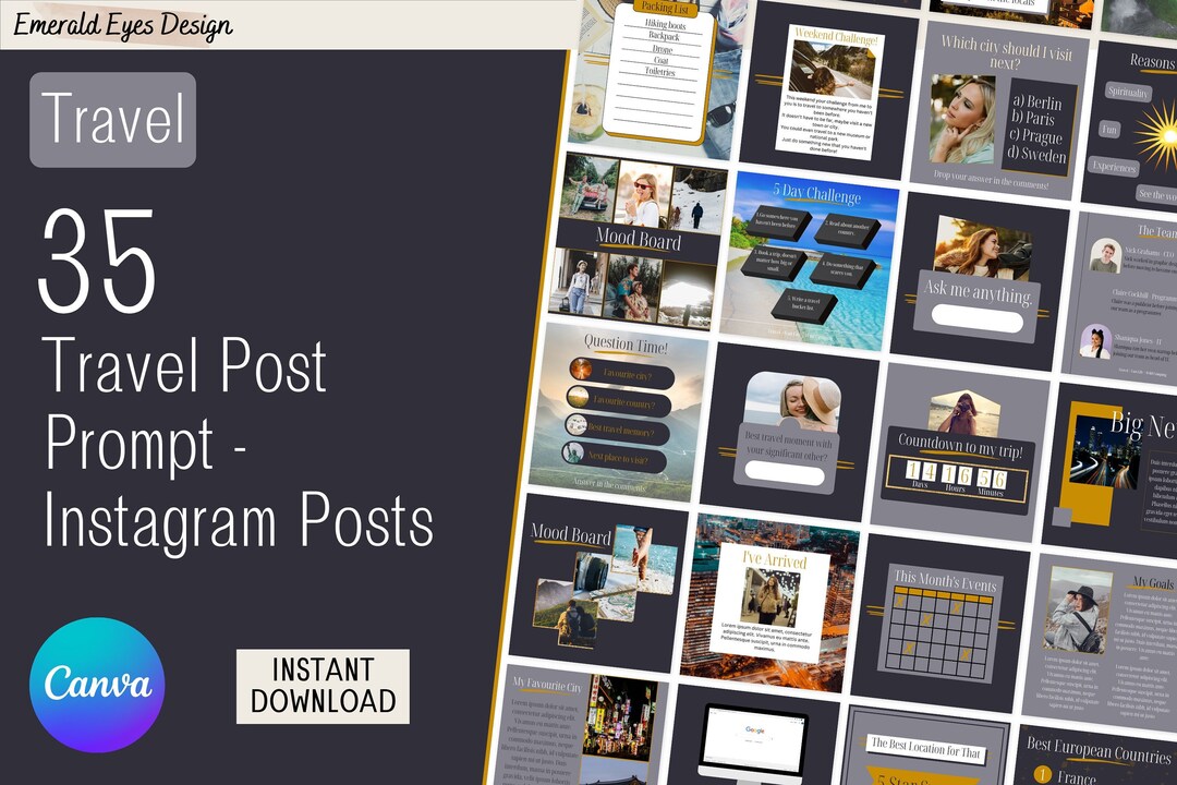 35 Canva Travel Post Prompt Grey and Gold Themed Instagram Feed ...