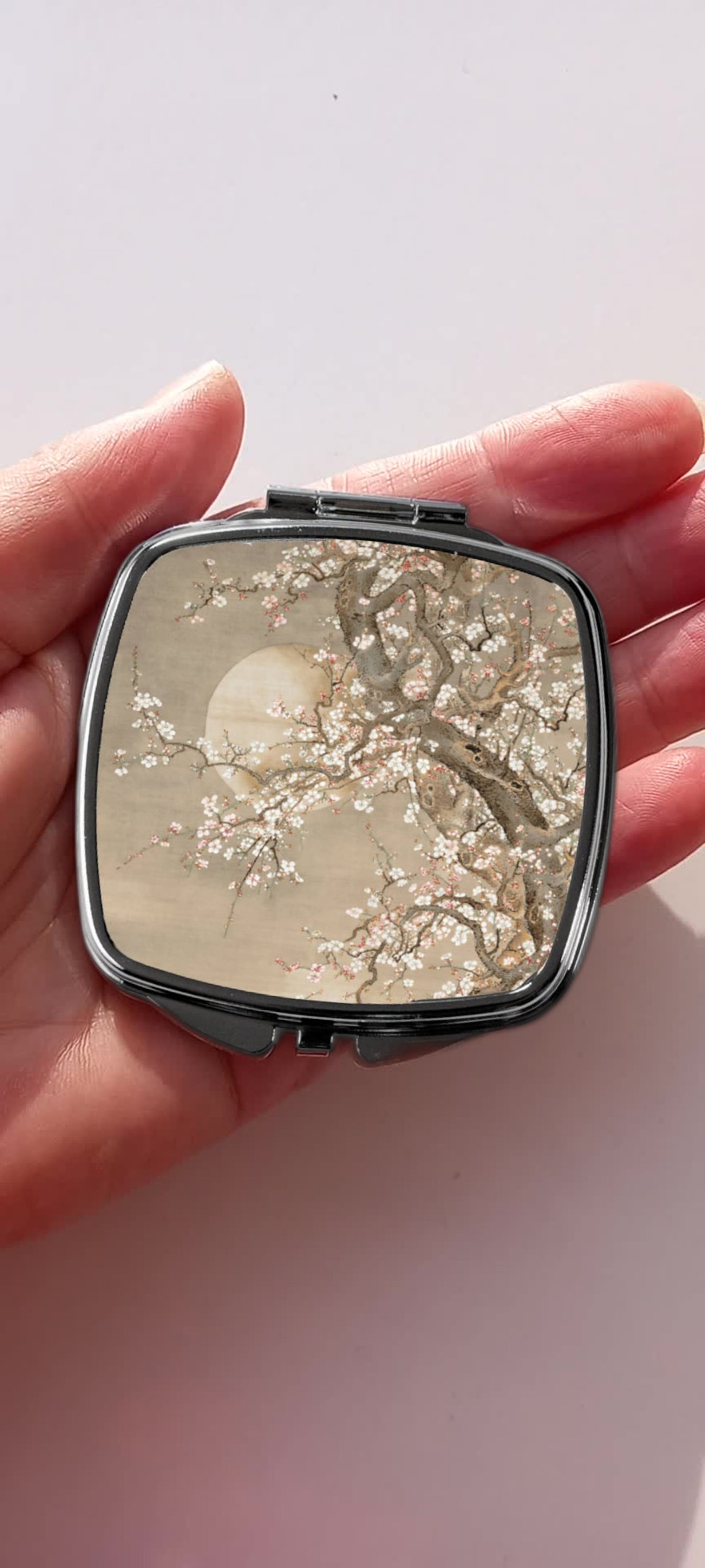 Celestial Moon Art Compact Mirror, Japanese Art, Pink and White Blossom ...