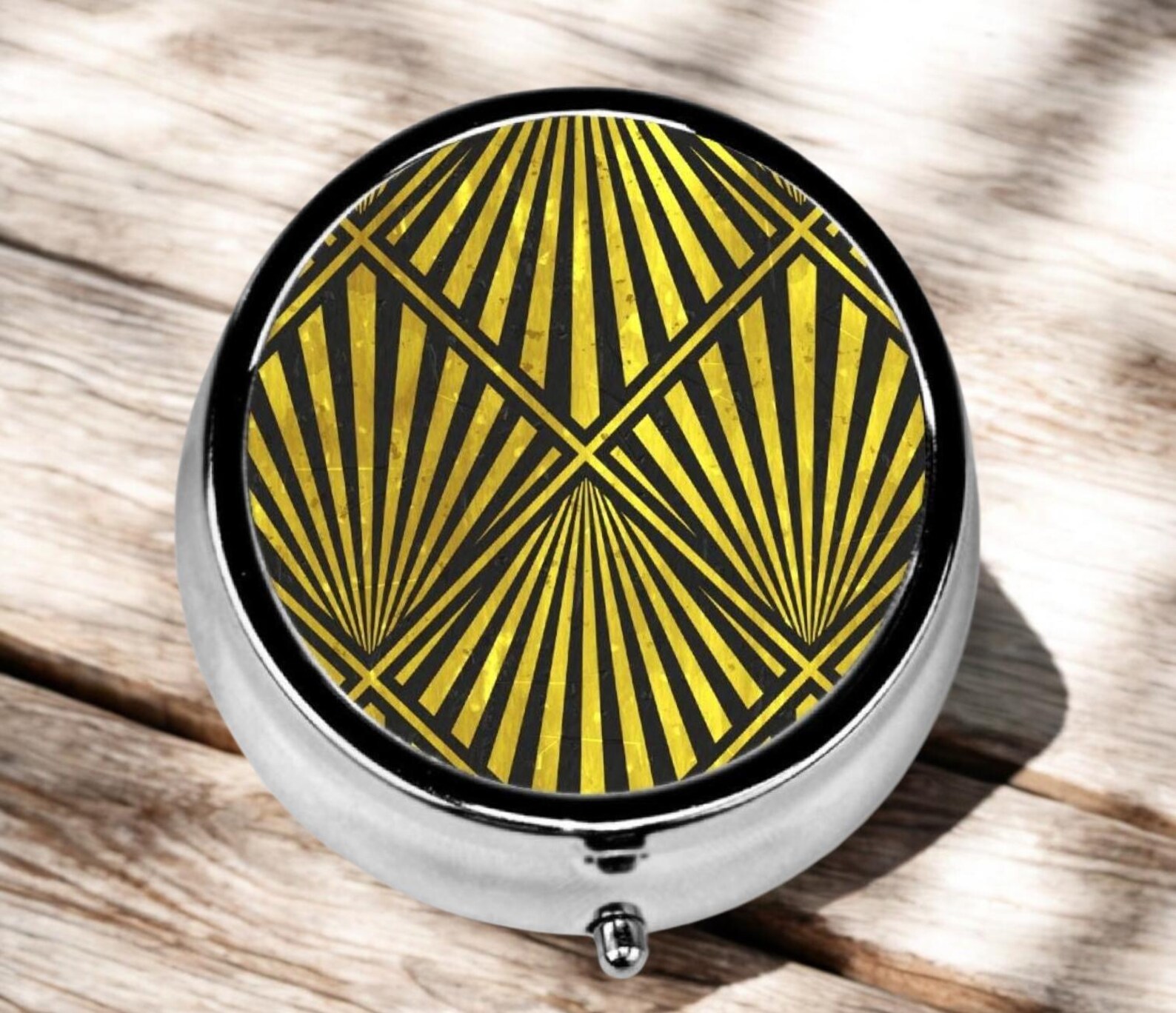 Black and Gold Pill Box With Mirror, Art Deco Pill Case for Handbag ...