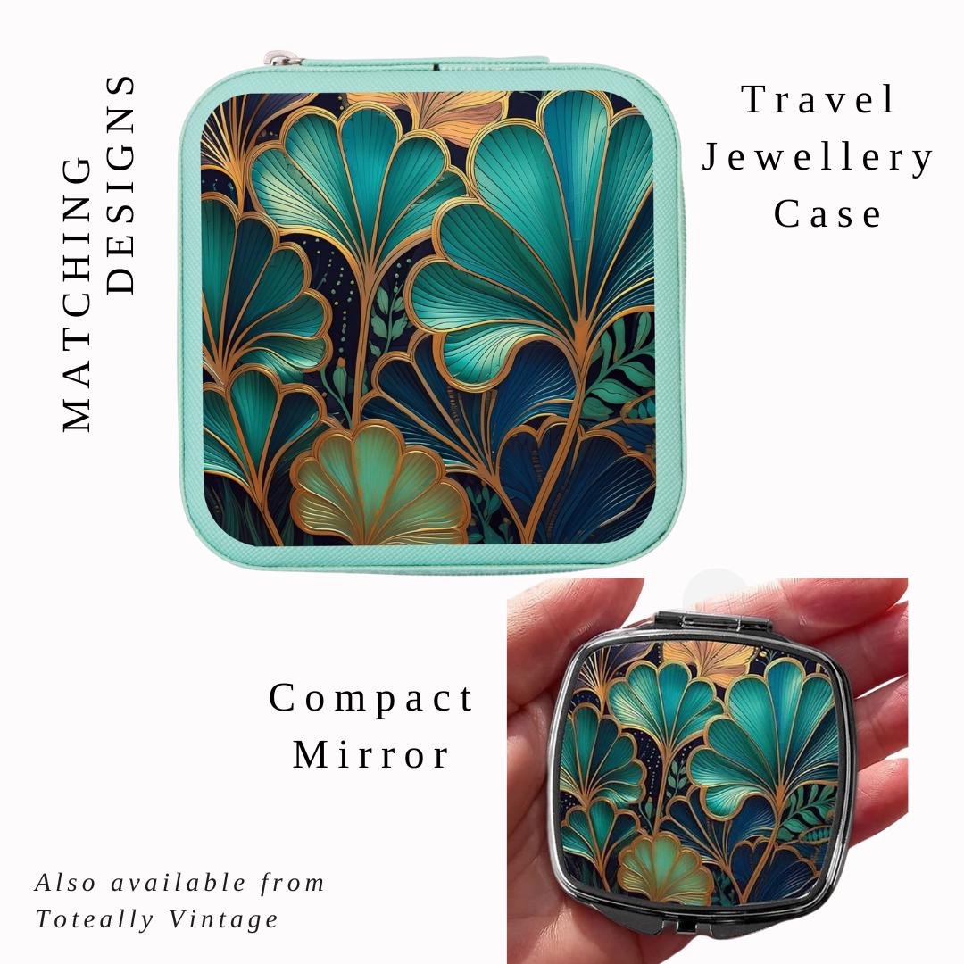 Art Deco Round Compact Mirror in Gold and Teal, Classic Gold Frame ...