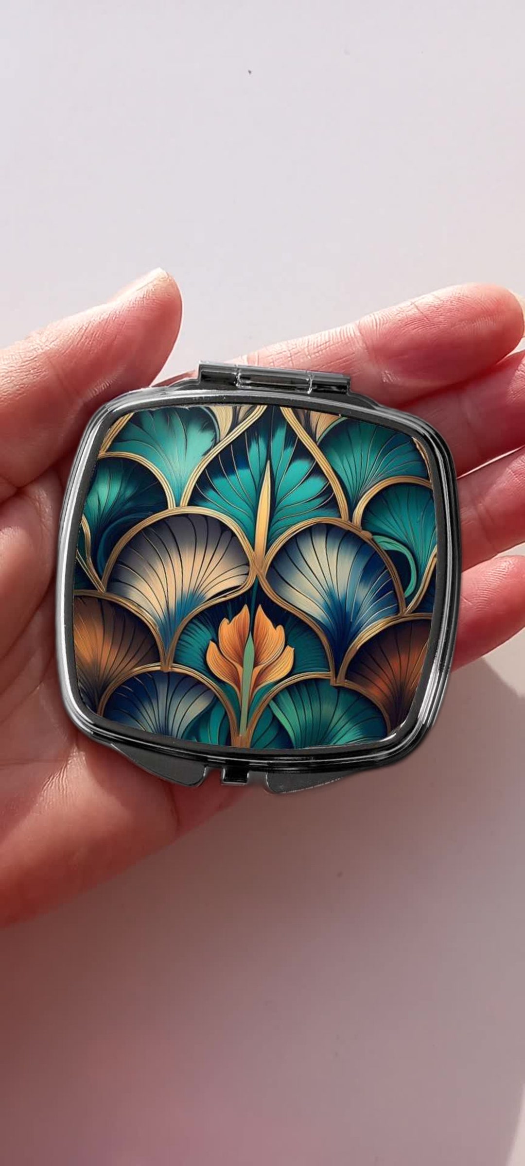 Art Deco Compact Mirror, Petals in Blue, Teal and Gold. Vintage Makeup ...